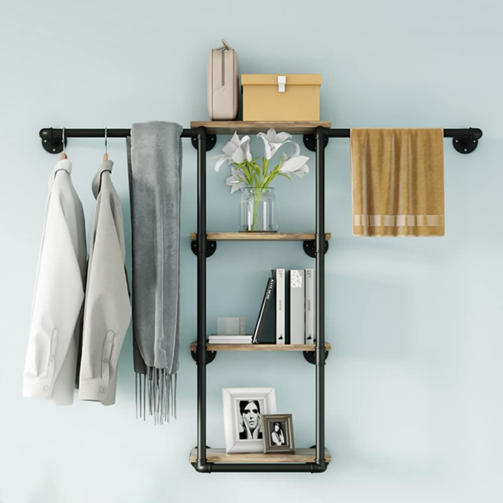 High Quality Wall Mounted Pipe Clothing Rack with Shelves, Industrial ...